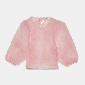 Zara | Tops | Zara Textured Tulle Top Puff Sleeves | Poshmark